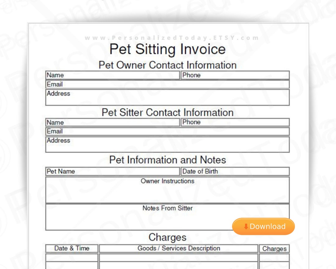 Pet Sitting Service Invoice Printable and Fillable PDF Digital - Etsy