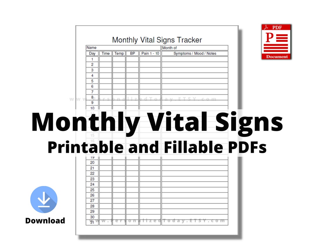 Monthly Vital Signs Log Fillable and Print and Write PDF - Etsy