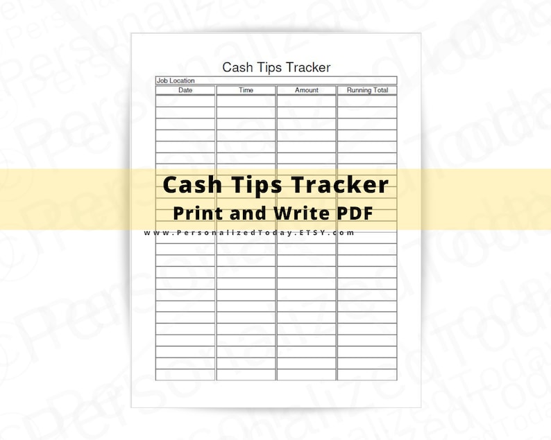 Cash Tips Tracker Fillable and Print and Write PDF Digital | Etsy