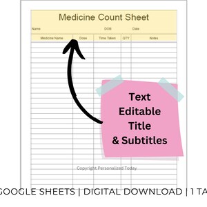 Medicine Count Sheet Daily Medication Times and Doses Tracker for One ...
