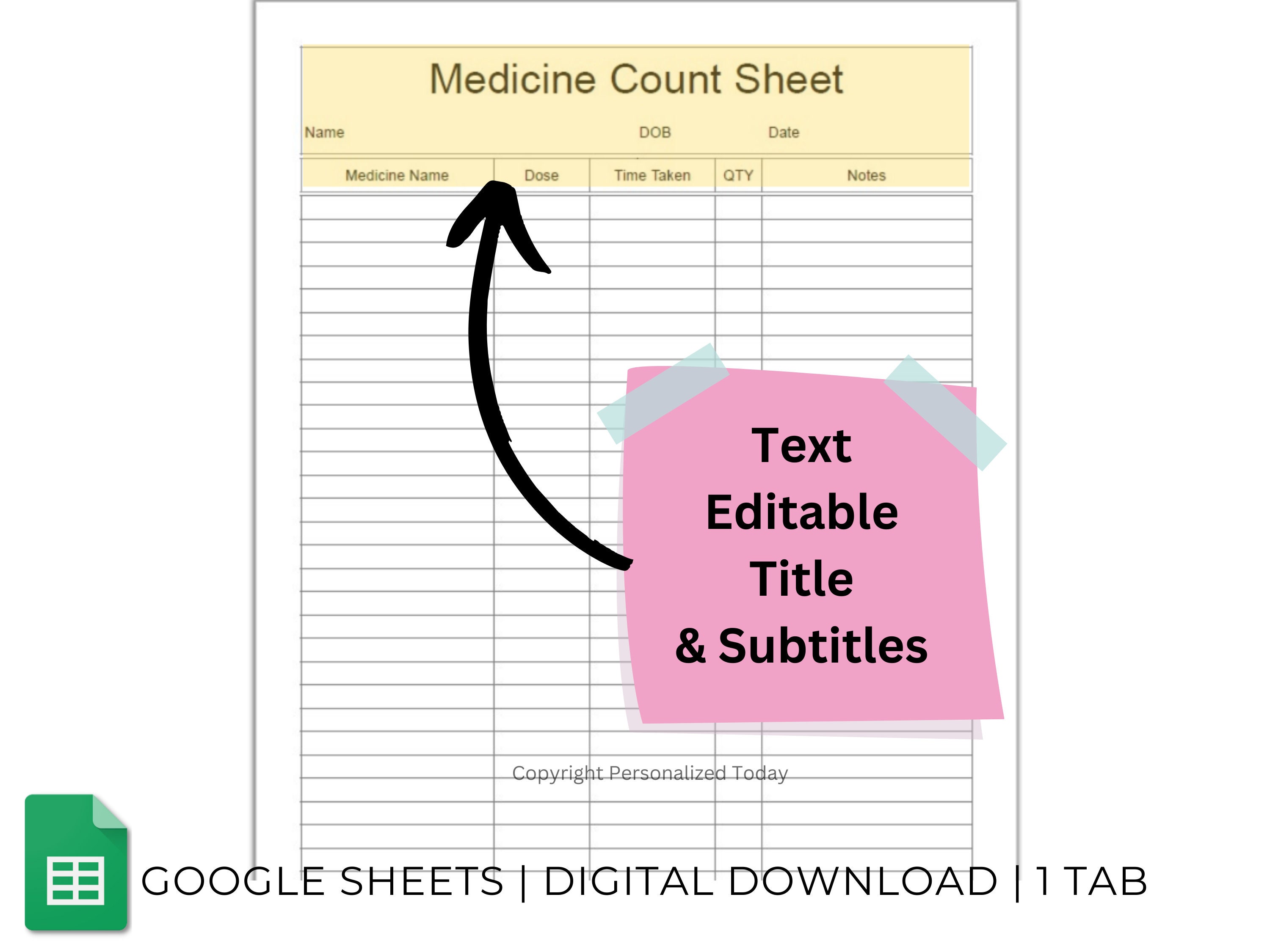 Medicine Count Sheet Daily Medication Times and Doses Tracker for One ...