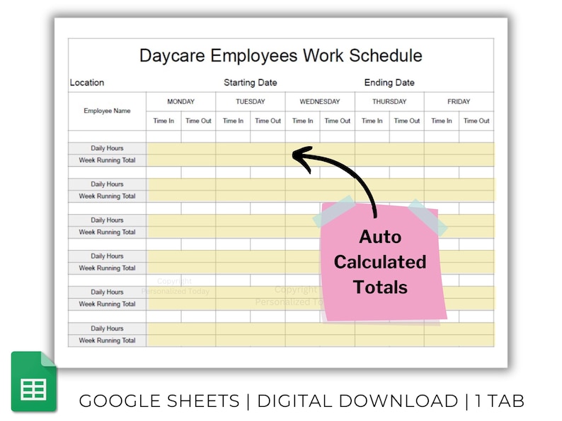 Google Sheets Daycare Employees Work Schedule - Childcare Staff Time ...