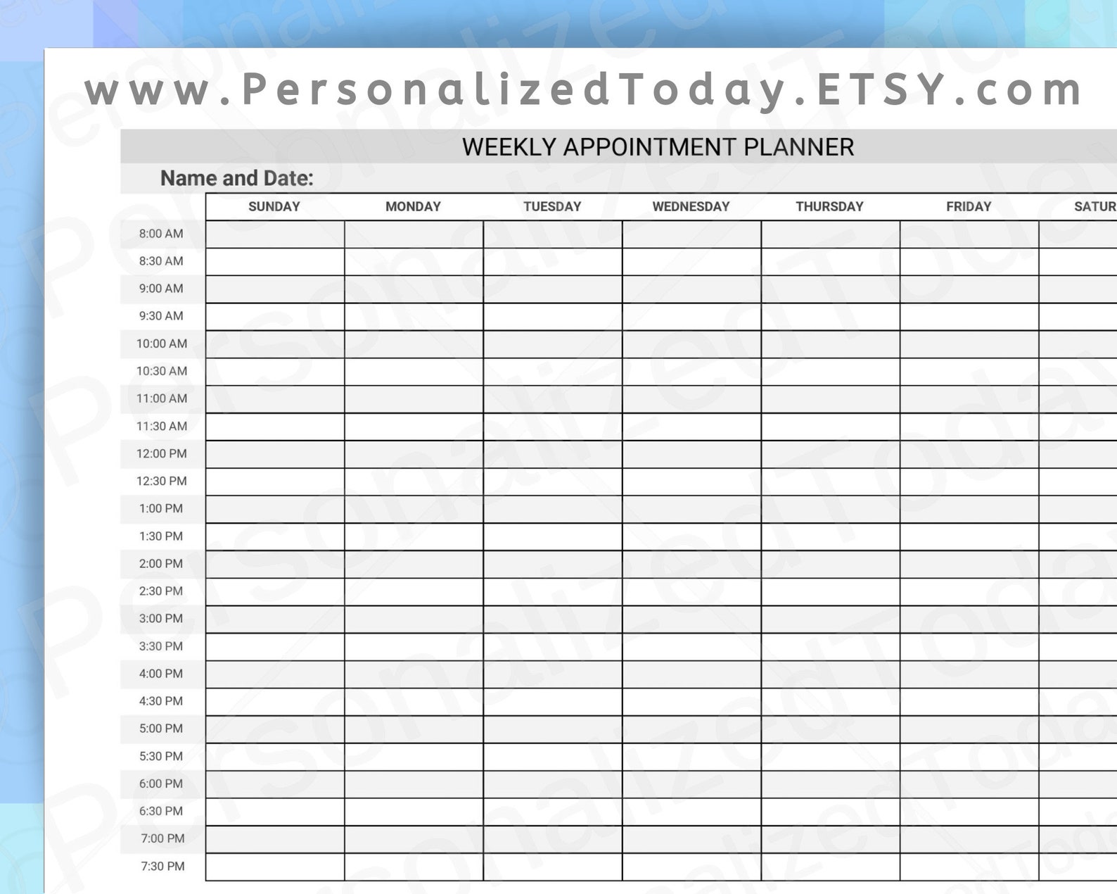 Weekly Printable Schedule 8 A.M. Through 8 P.M. 12 Hour Time | Etsy