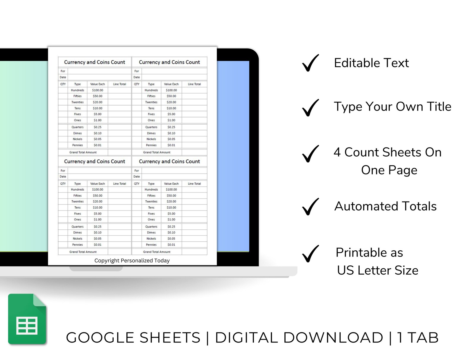 Currency and Coins Cash Count Sheet Text Editable Google Sheets ...