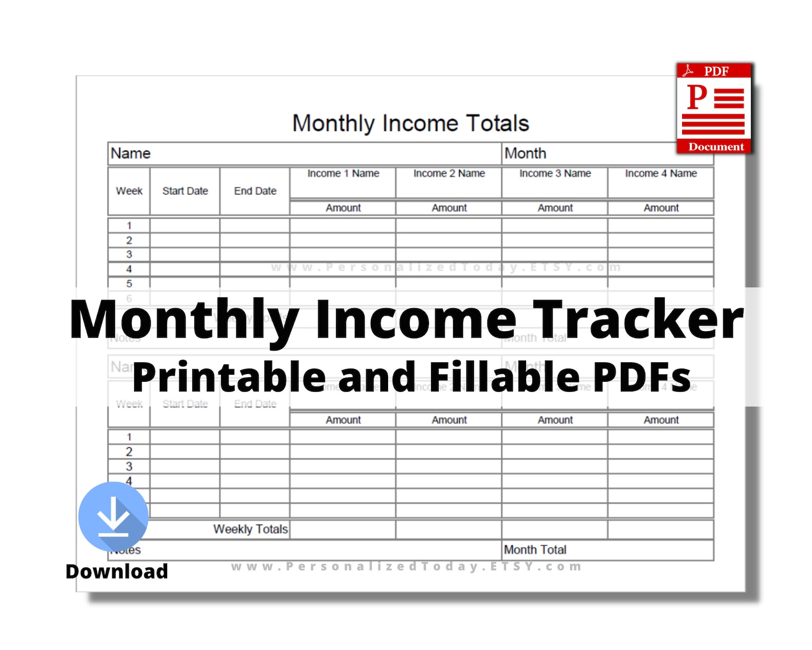 Printable Weekly Monthly Income Tracker Fillable and Print and - Etsy