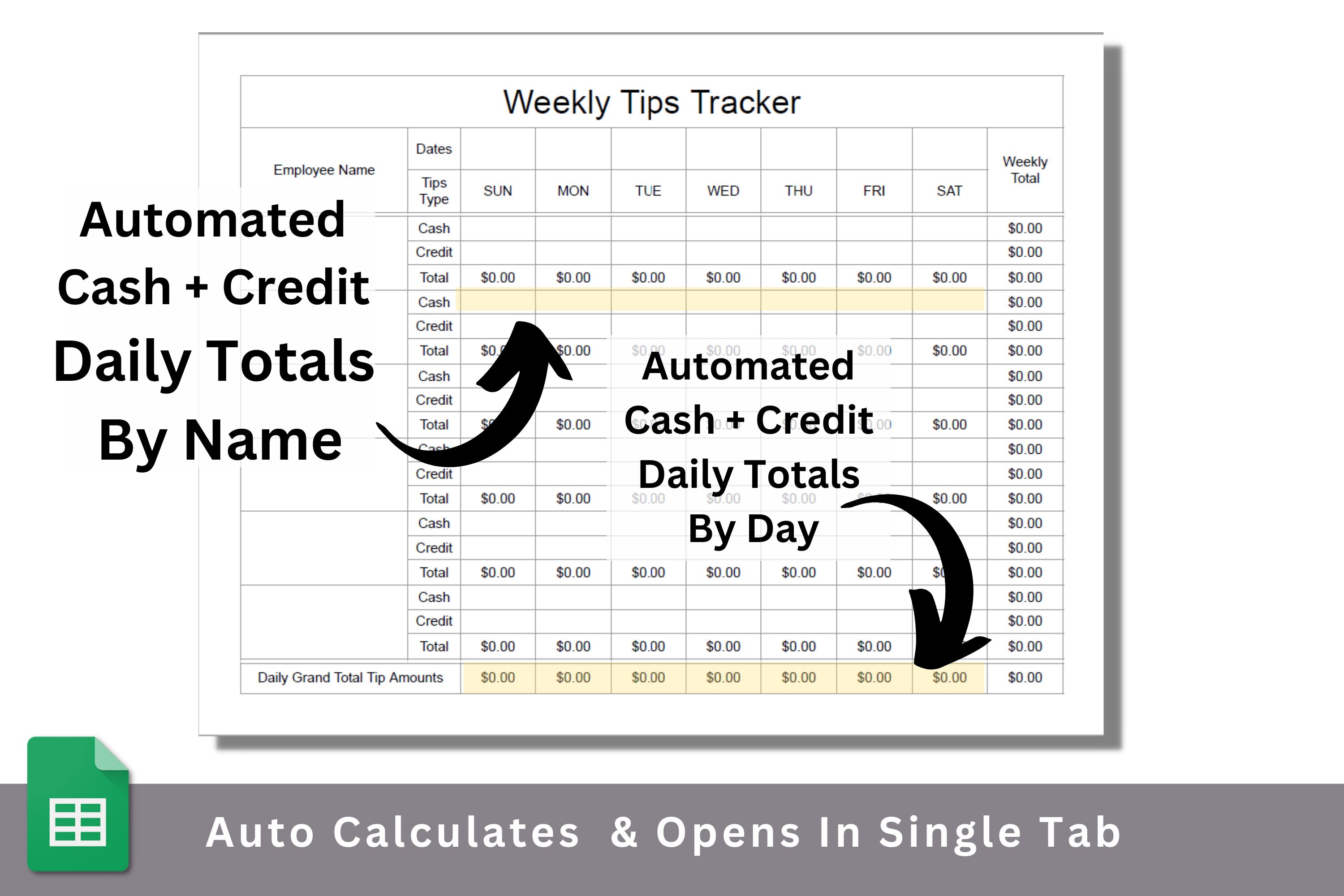 Employee Tips Template Weekly Wait Staff Tips Income Tracker Multiple ...