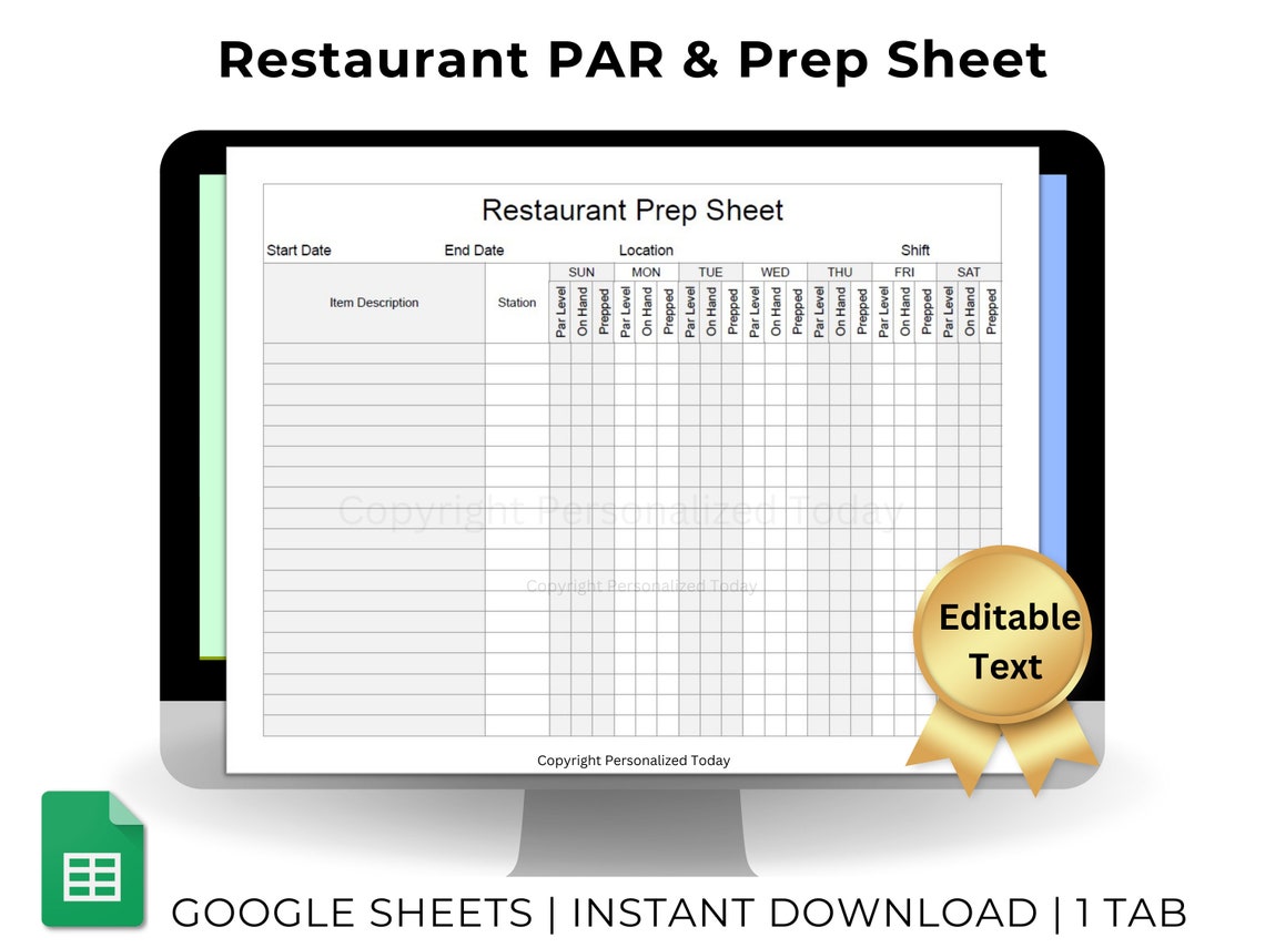 Restaurant Inventory PAR Prep Sheet Text Editable Google Sheets ...