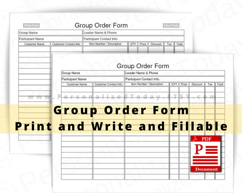 Group Order Form Fillable and Print and Write PDF Files US | Etsy