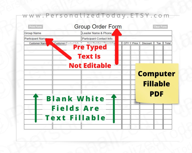 Group Order Form Fillable and Print and Write PDF Files US | Etsy