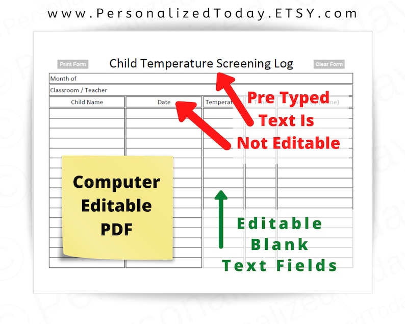 Monthly Child Temperature Screening Log Printable Editable PDF | Etsy