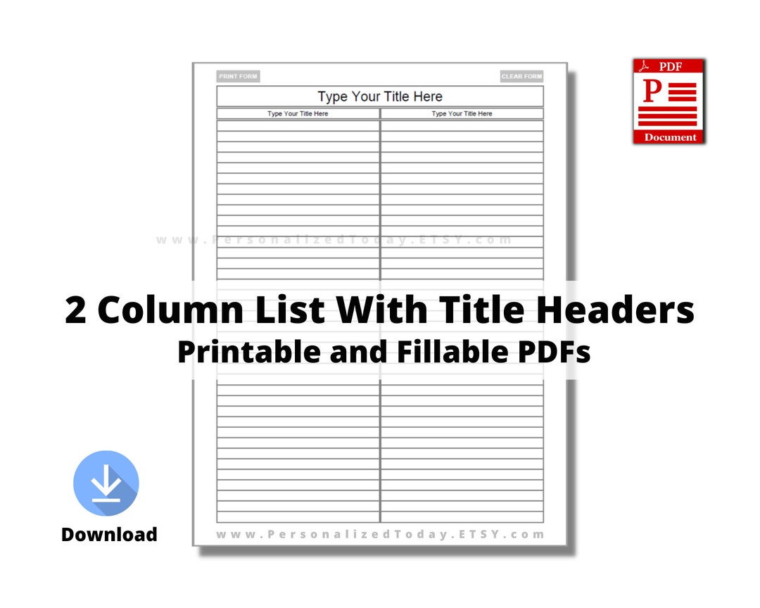 PDF Blank 2 Columns List Text Input Fillable and Print and Write ...