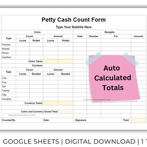 Petty Cash Count Form and Cash Memo Receipts Totals Worksheet Auto ...