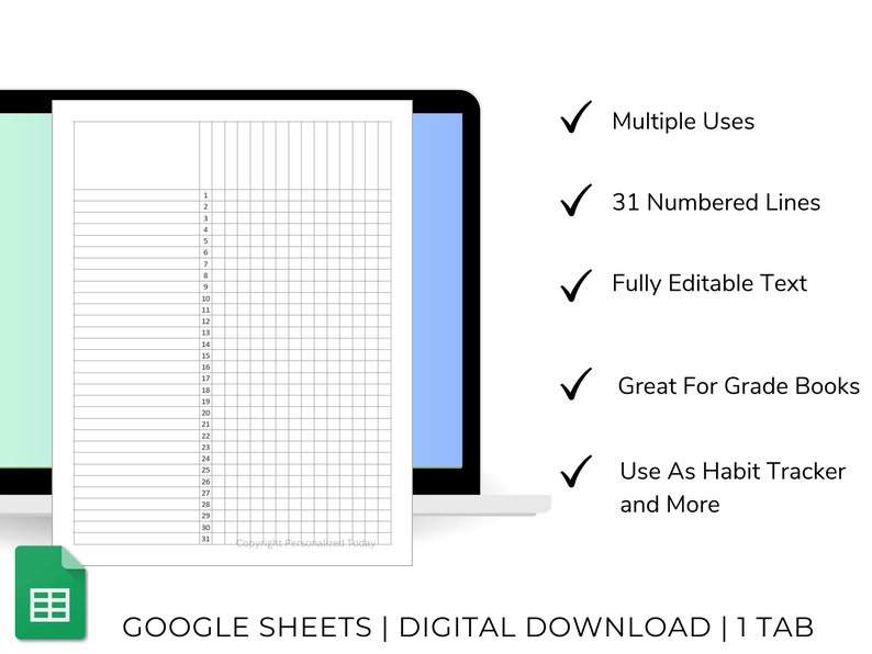 Google Sheets Blank Monthly Grid Chart - Attendance or Grades Tracker ...