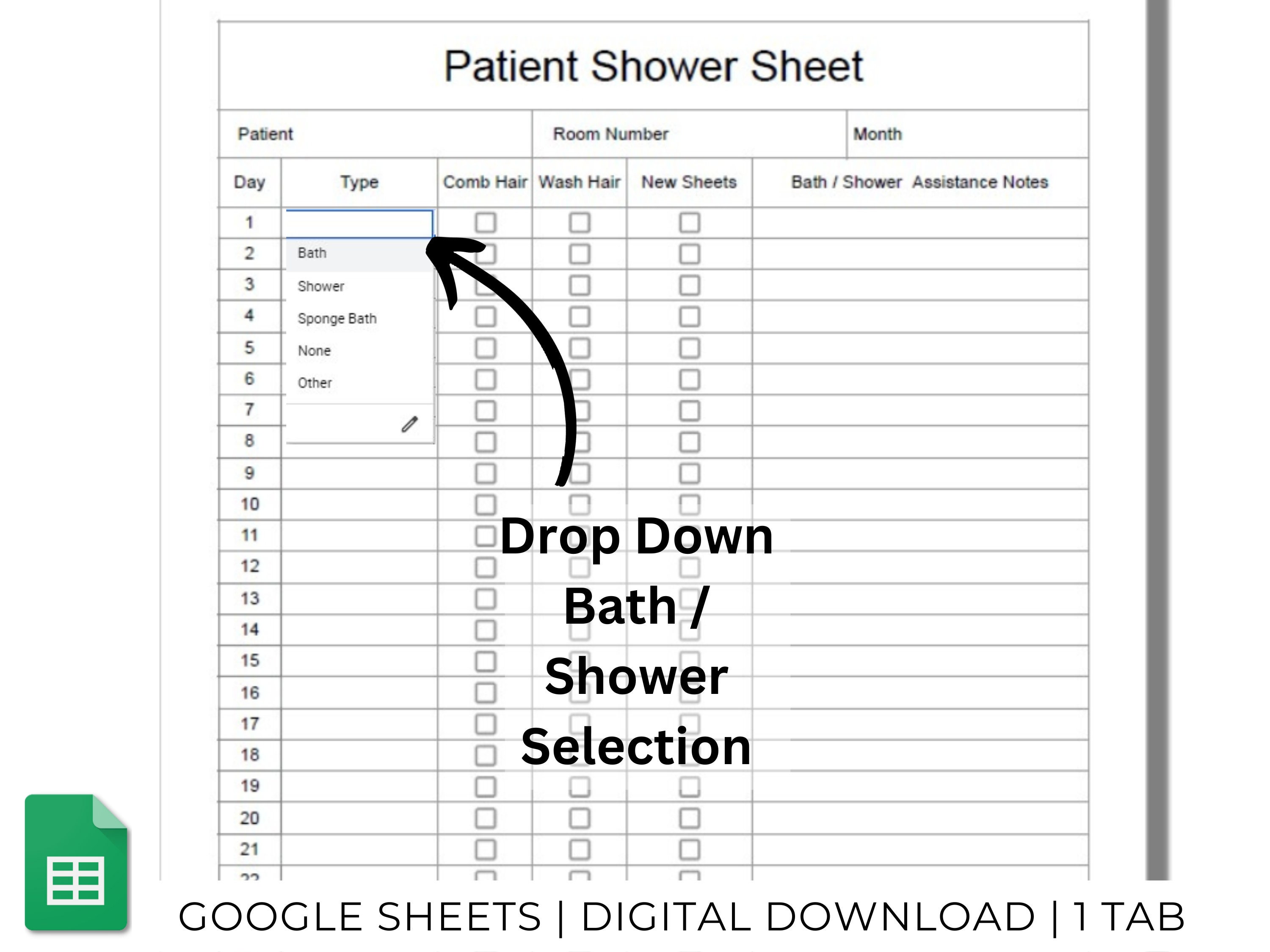 Google Sheets Monthly Patient Shower Sheet Text Fillable / Text ...