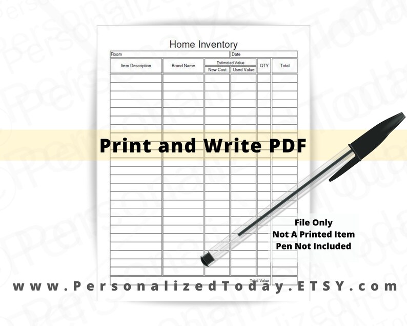 Household Inventory List Fillable Editable and Printable PDF | Etsy