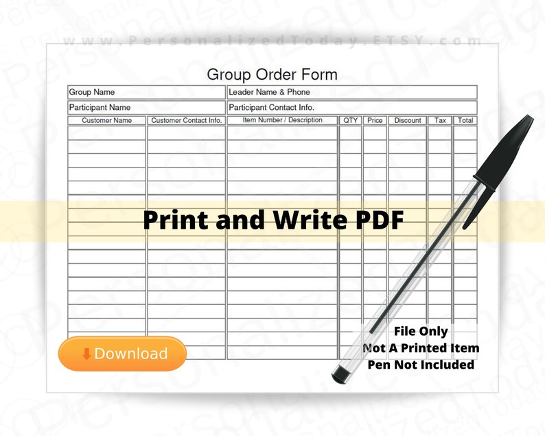 Group Order Form Fillable Editable and Print and Write PDF | Etsy