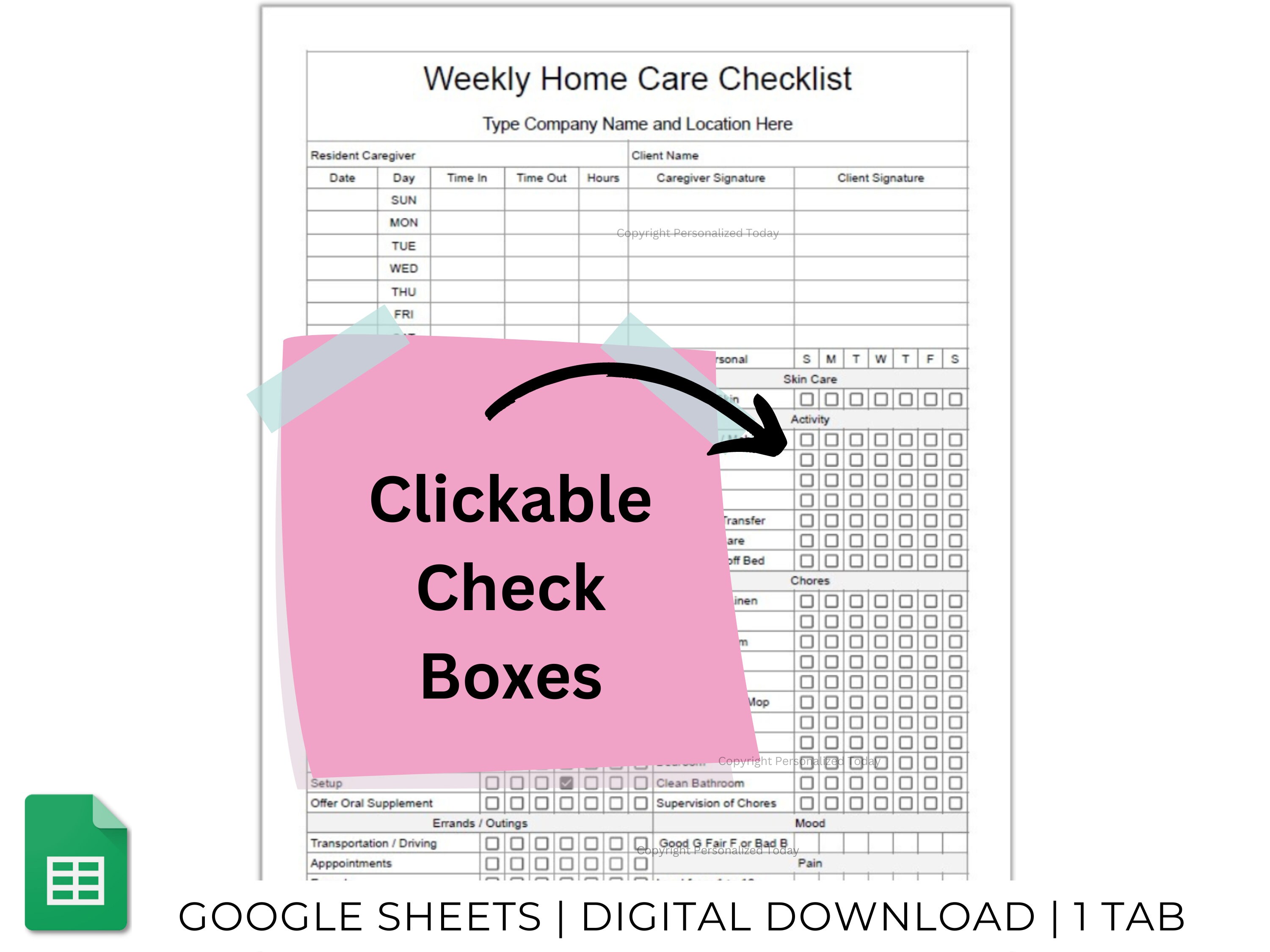 Daily Weekly Home Care Checklist and Timesheet Caregiving Sunday Start ...