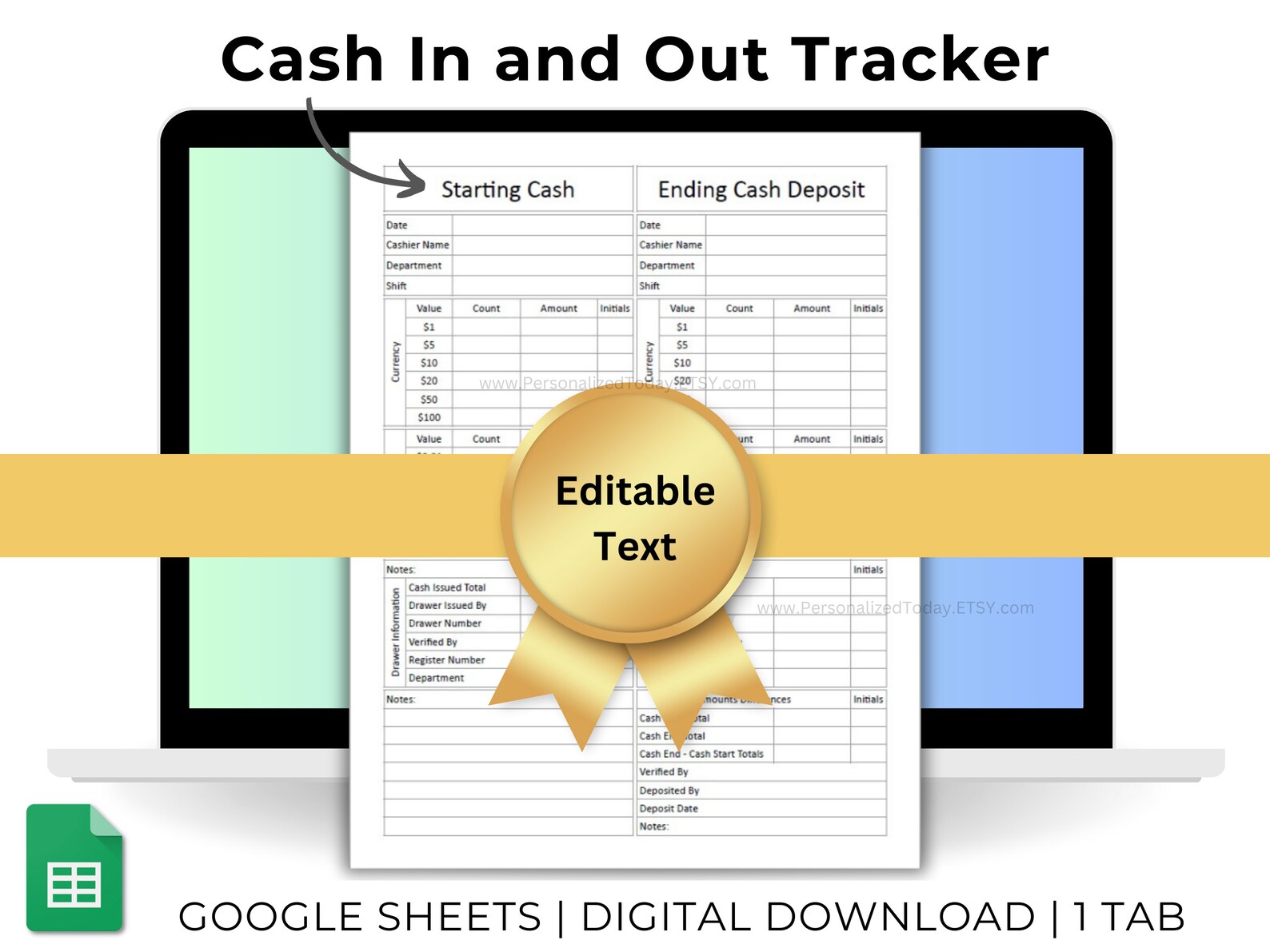 Cash in and Out Money Start and End Cash Drawer Count Cash Register ...