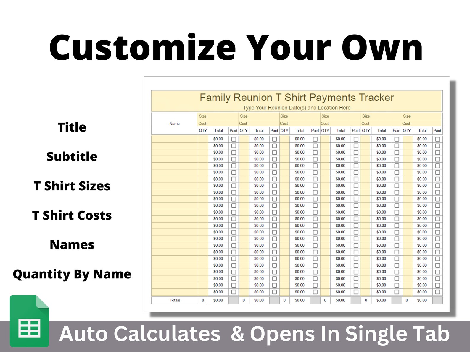 Family Reunion T Shirt Payments and Quantity Count Google Sheets ...
