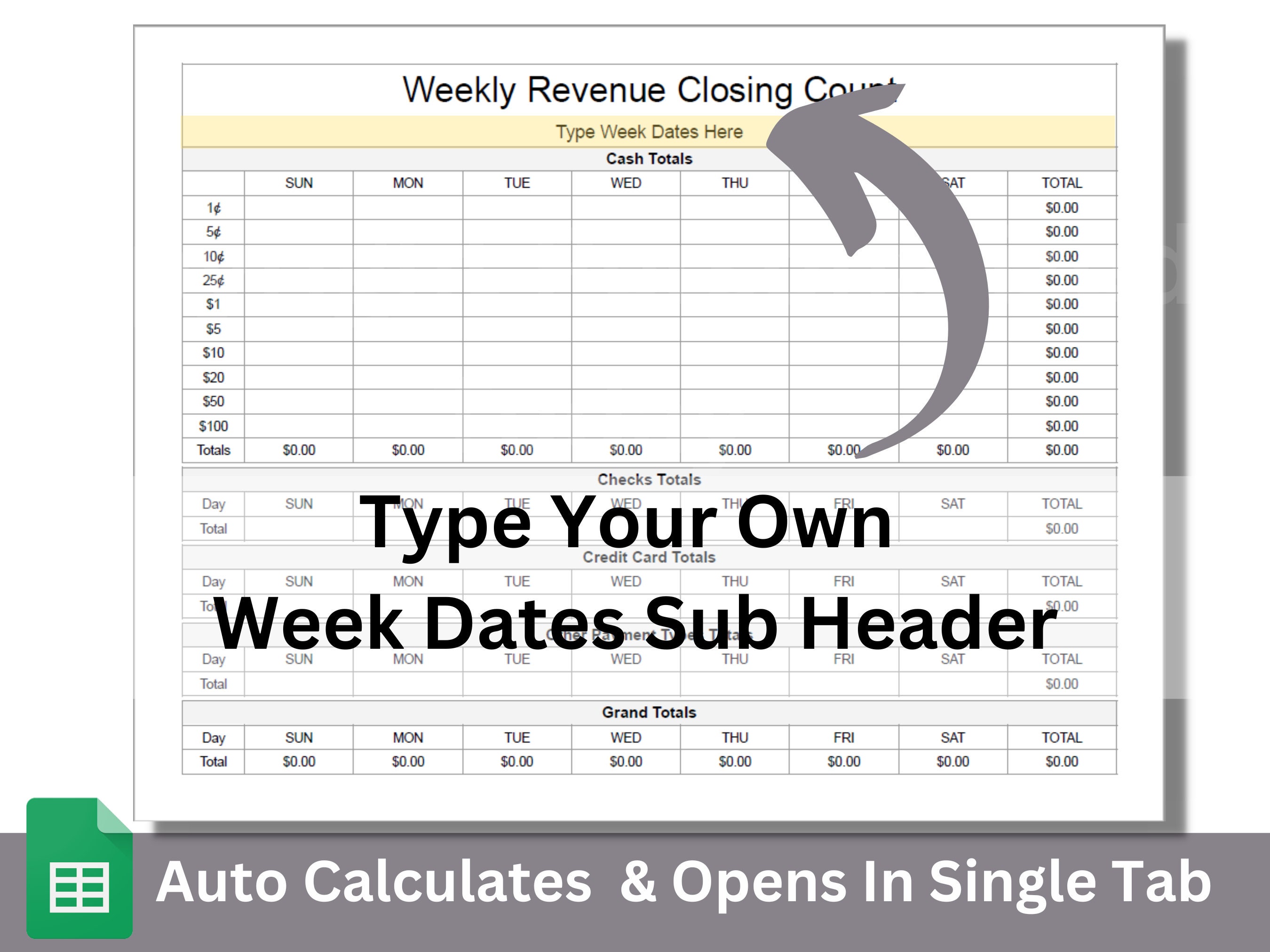 Weekly Closing Revenue Count Google Sheets Editable Spreadsheet ...