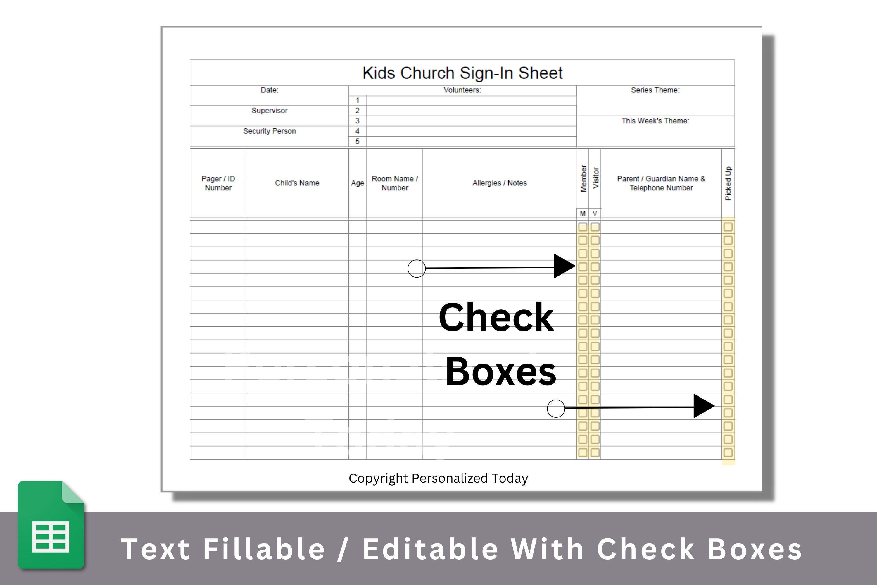 Google Sheets Kids Church Sign in Sheet Template Text Fillable / Text ...