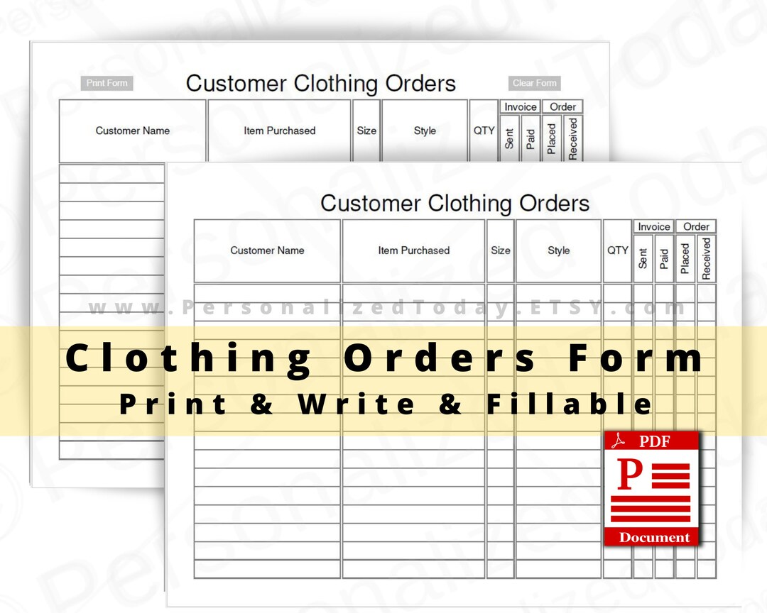 Apparel Clothing Orders Form Fillable and Print and Write PDF - Etsy