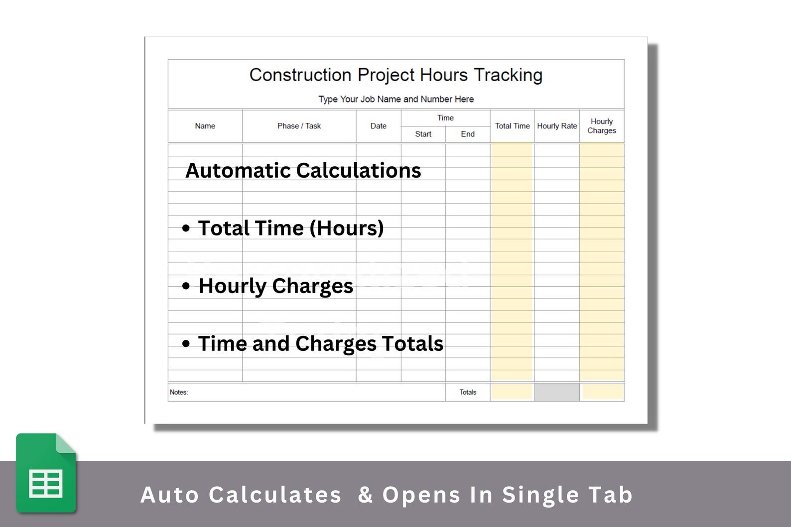 Google Sheets Construction Project Hours Tracker Text Fillable / Text ...