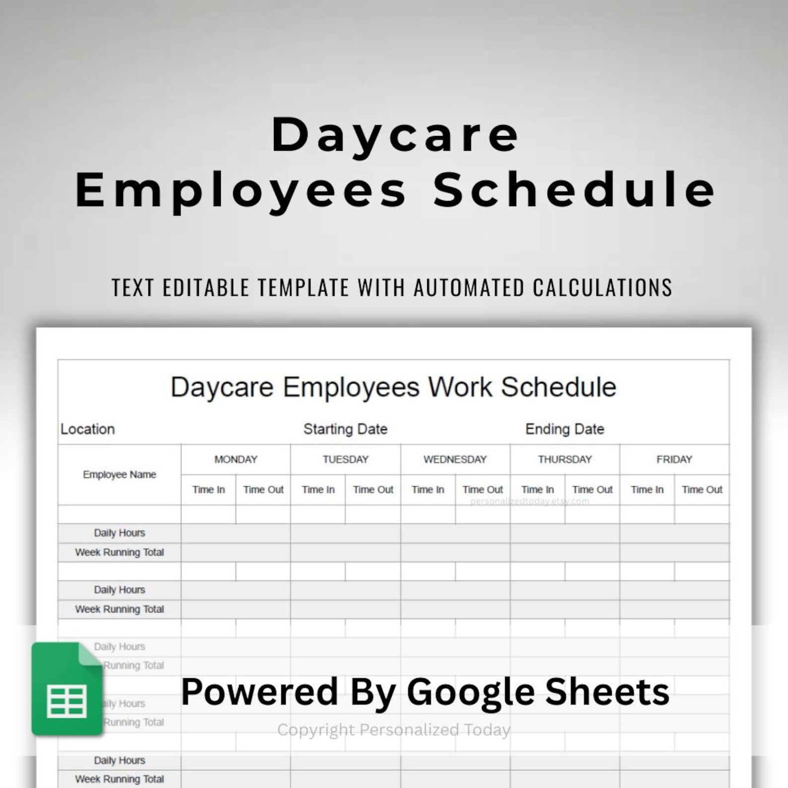 Google Sheets Daycare Employees Work Schedule - Childcare Staff Time ...