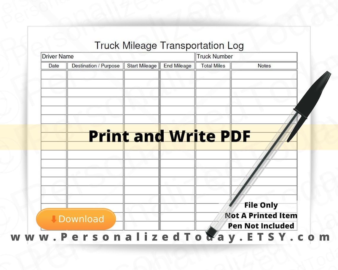 Truck Mileage Log Fillable and Print and Write PDF Files US - Etsy