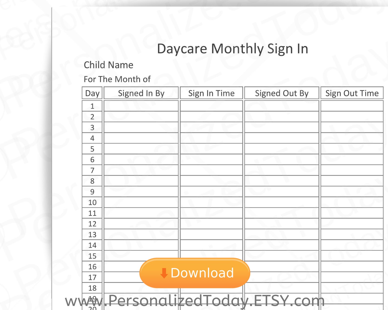 Printable Daycare Monthly Sign In and Sign Out Sheet For One | Etsy