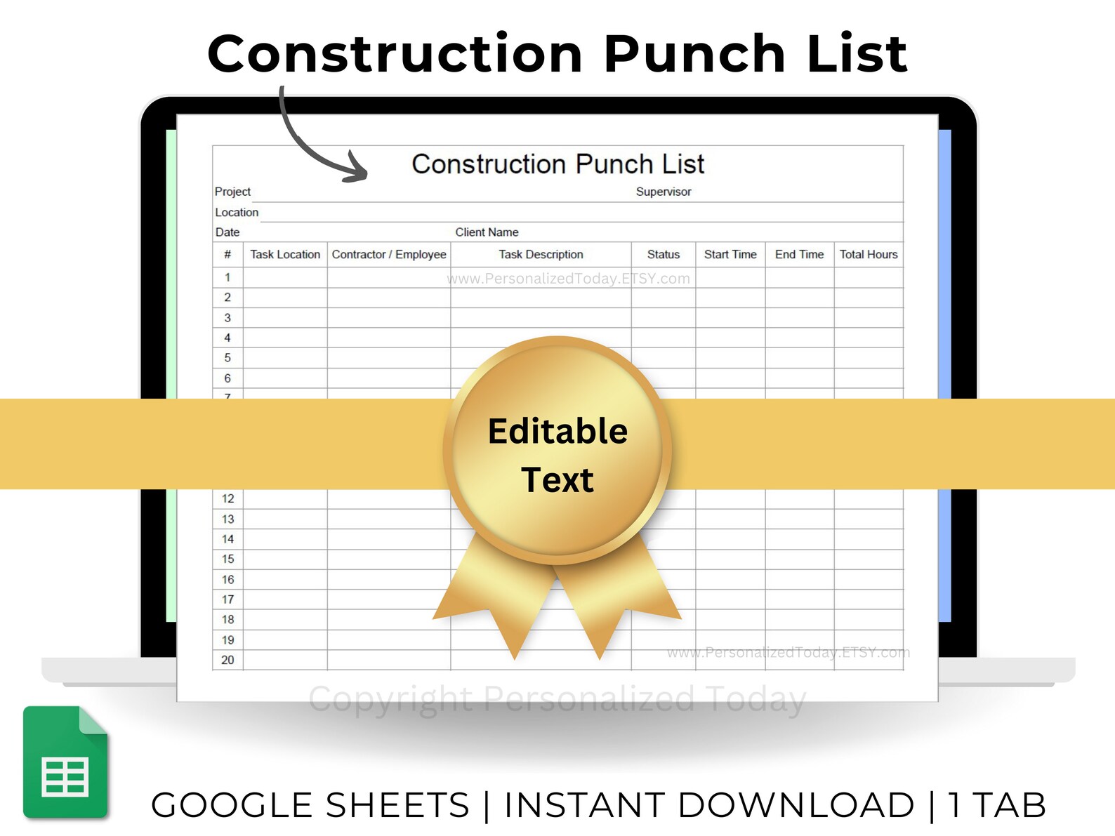 Construction Punch Out List Google Sheets Labor Hours and Tasks Form ...