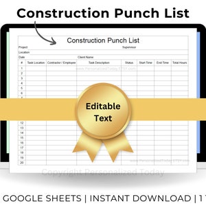Construction Punch Out List Google Sheets Labor Hours and Tasks Form ...