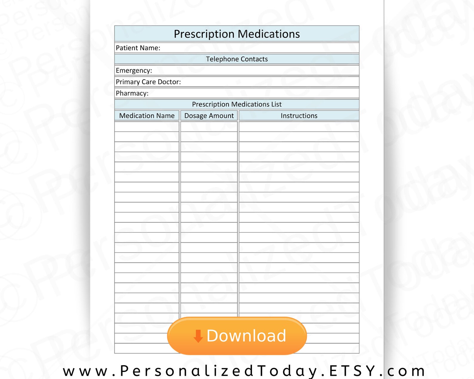 Printable Prescription Medications List PDF Digital Download | Etsy
