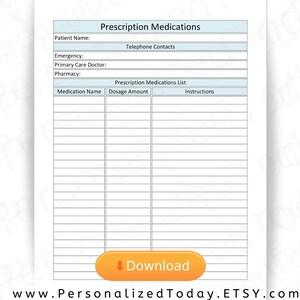 Printable Prescription Medications List PDF Digital Download | Etsy
