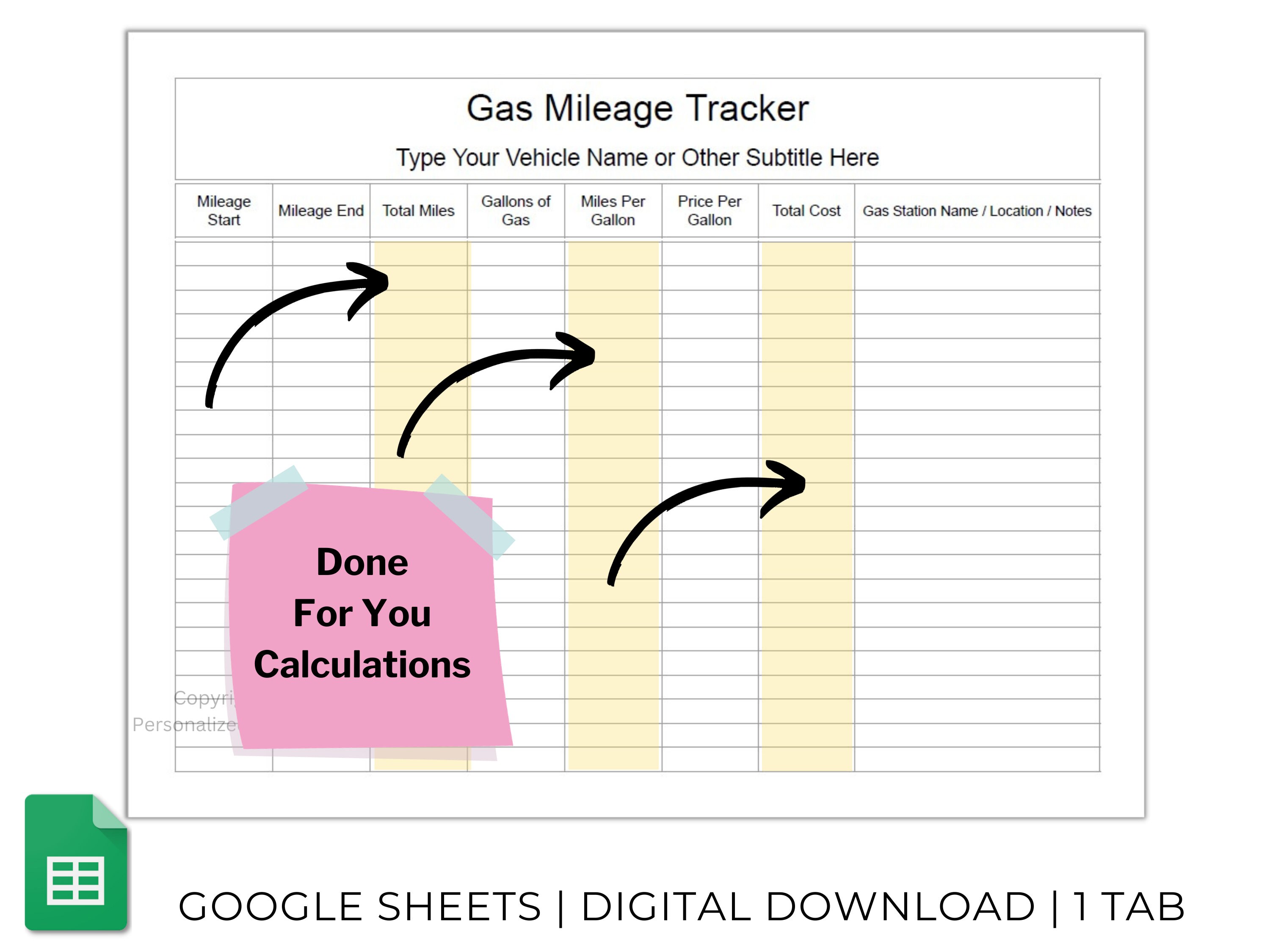 Gasoline Mileage and Spending Tracker Text Editable Google Sheets ...