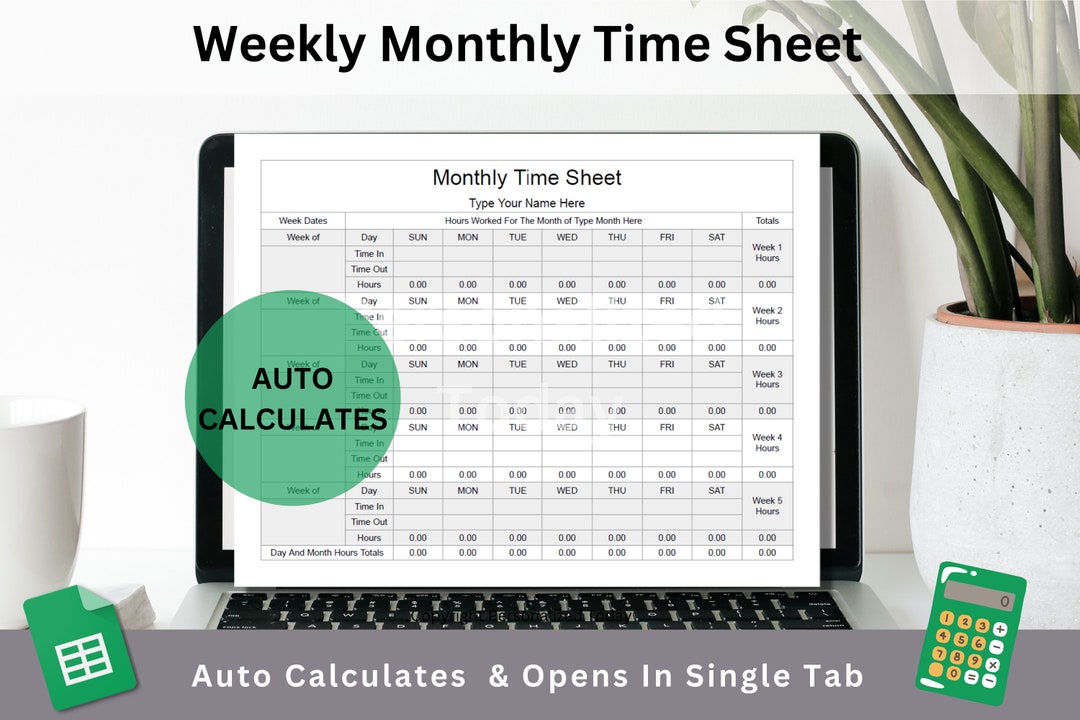 Google Sheets Monthly Clock in and Out Time Sheet - Weekly and Monthly ...