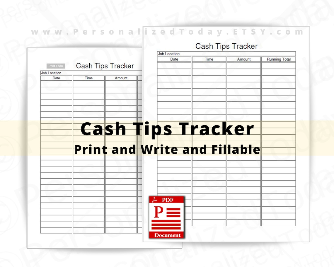 Cash Tips Tracker Fillable and Print and Write PDF Digital | Etsy