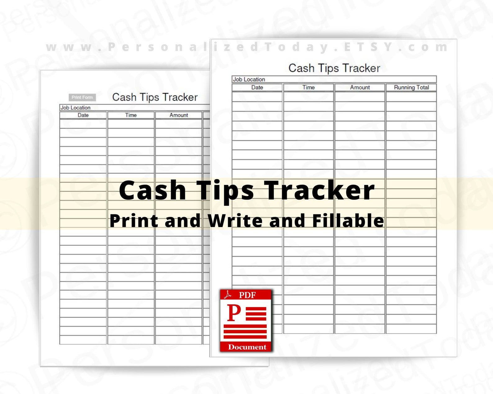 Cash Tips Tracker Fillable and Print and Write PDF Digital | Etsy