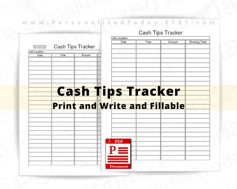 Cash Tips Tracker Fillable and Print and Write PDF Digital | Etsy