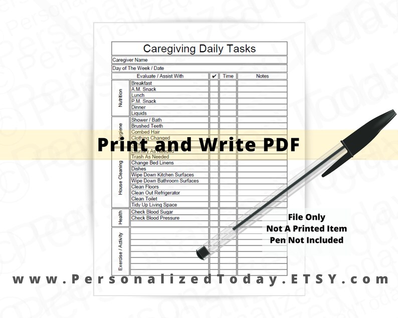 Caregiving Daily Tasks ADL Log Printable and Editable PDF | Etsy