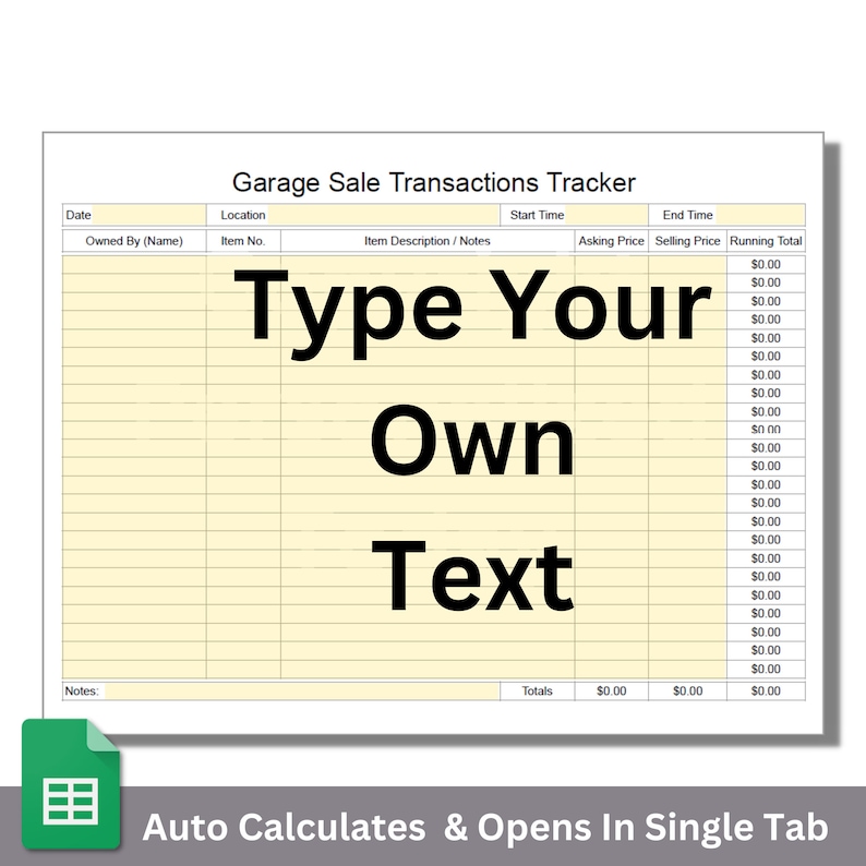 Garage Sale Transactions Tracker Google Sheets Editable Spreadsheet ...