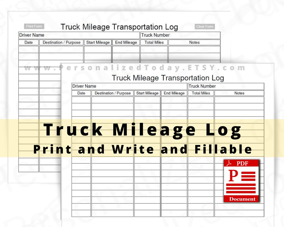 Truck Mileage Log Fillable and Print and Write PDF Files US - Etsy