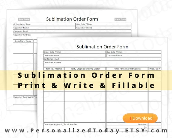Sublimation Order Form Fillable and Print and Write PDF Files | Etsy