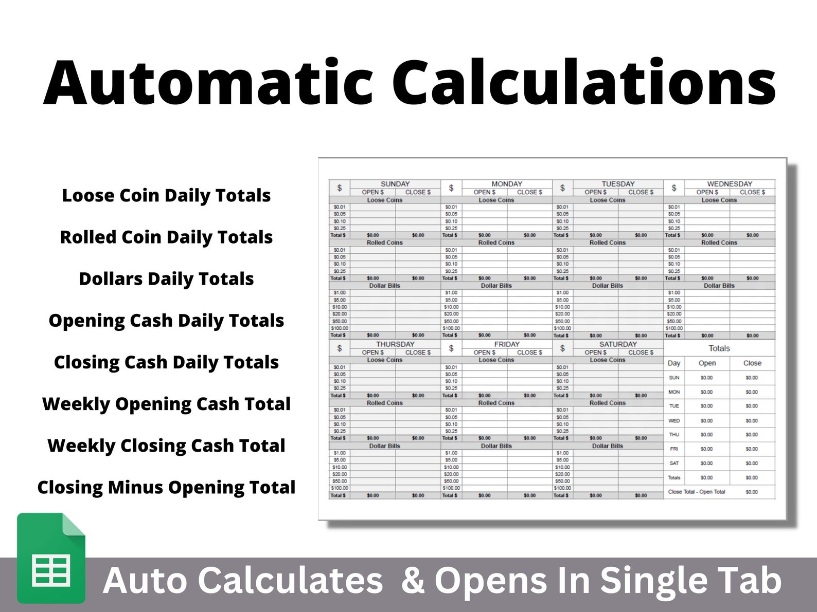 Weekly Cash Register Count Google Sheets Editable Spreadsheet Template ...