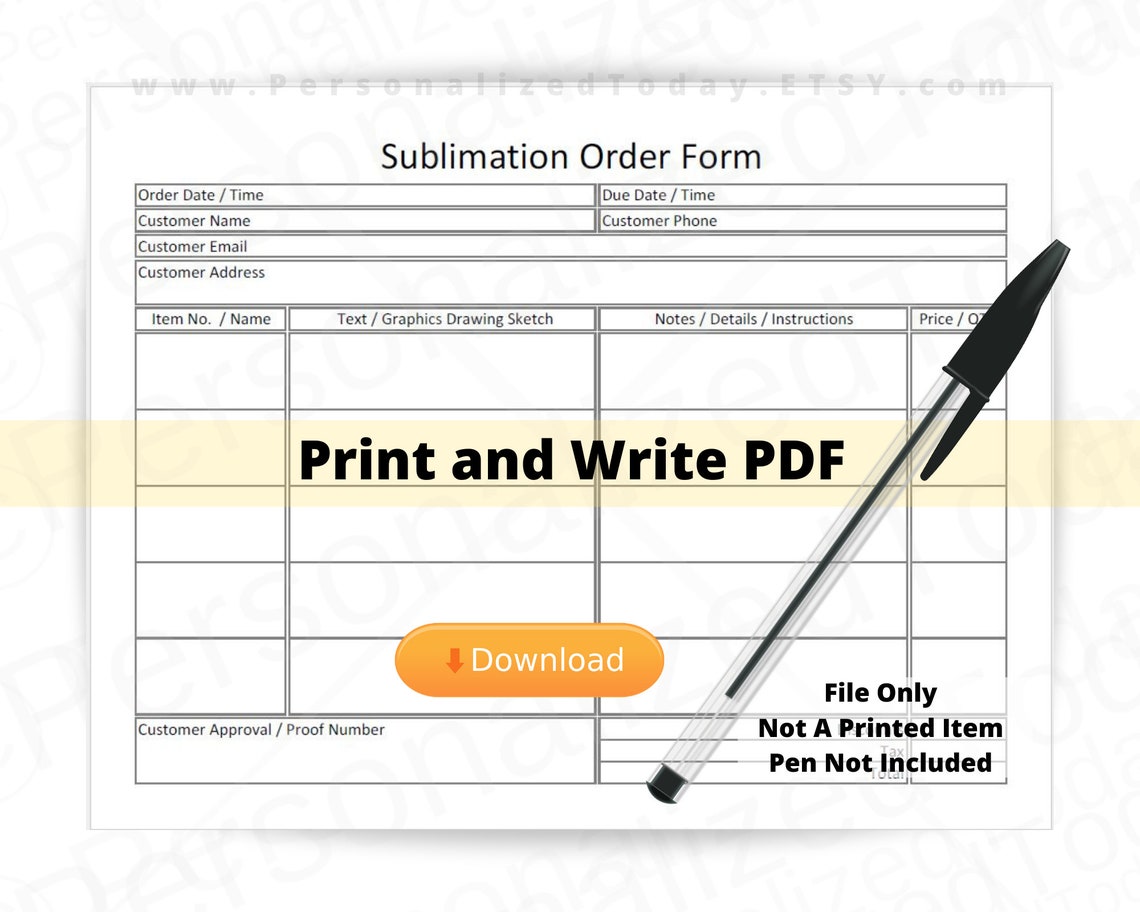 Sublimation Order Form Fillable and Print and Write PDF Files | Etsy