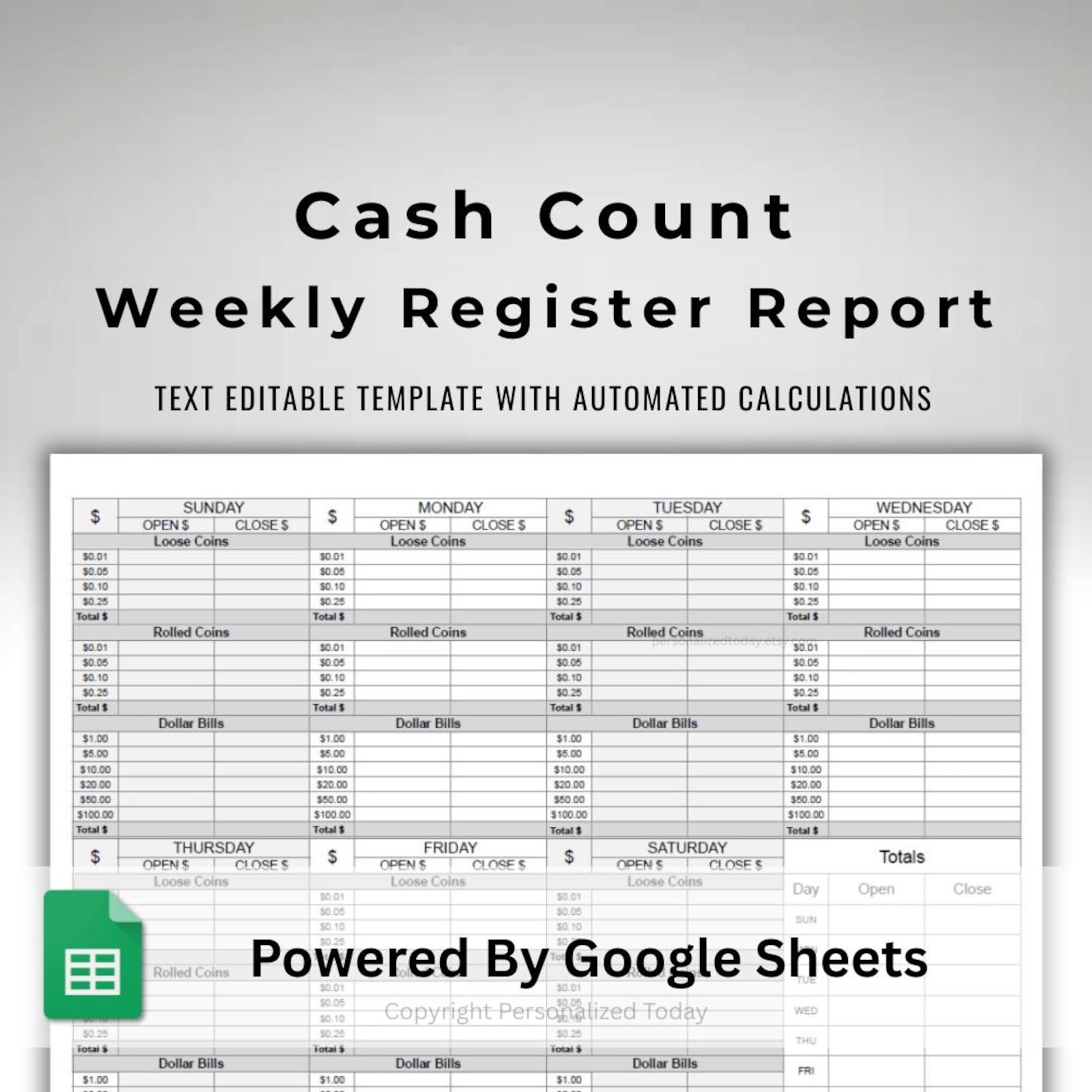Weekly Cash Register Count Google Sheets Editable Spreadsheet Template ...