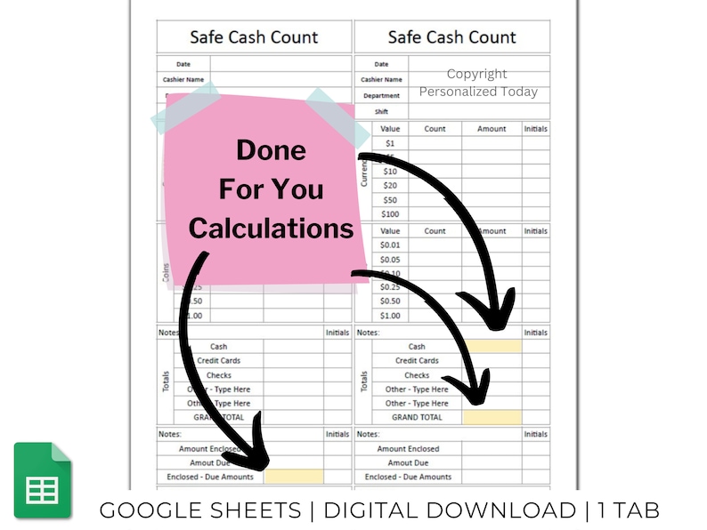 End of Shift Cash Register Safe Deposit Count - Text Editable Google ...