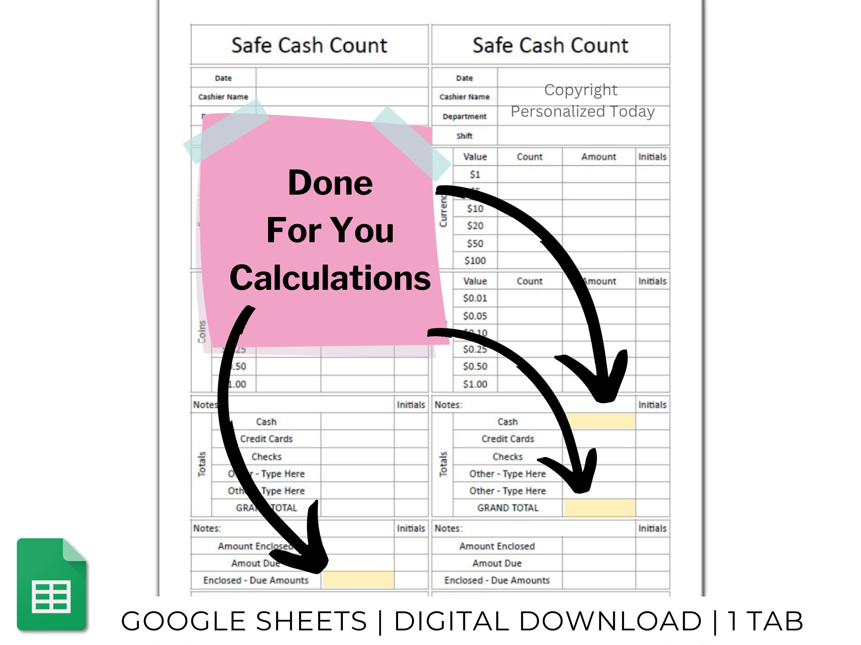 End of Shift Cash Register Safe Deposit Count - Text Editable Google ...
