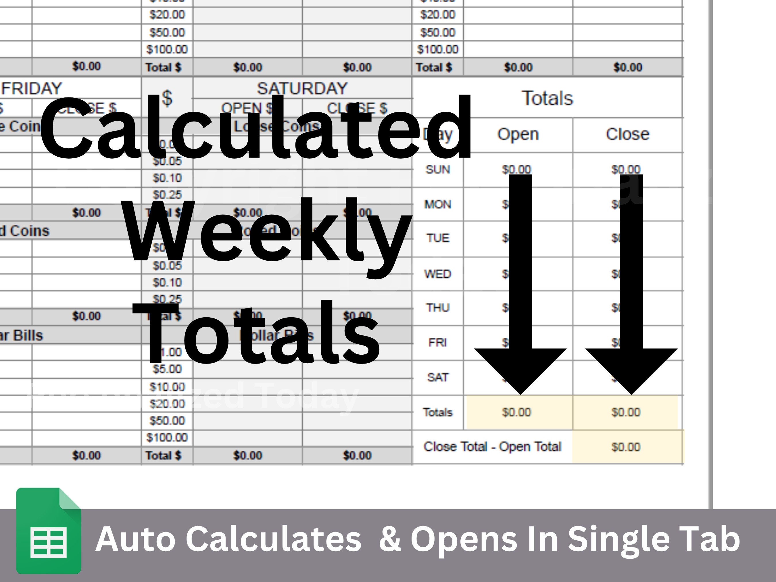 Weekly Cash Register Count Google Sheets Editable Spreadsheet Template ...
