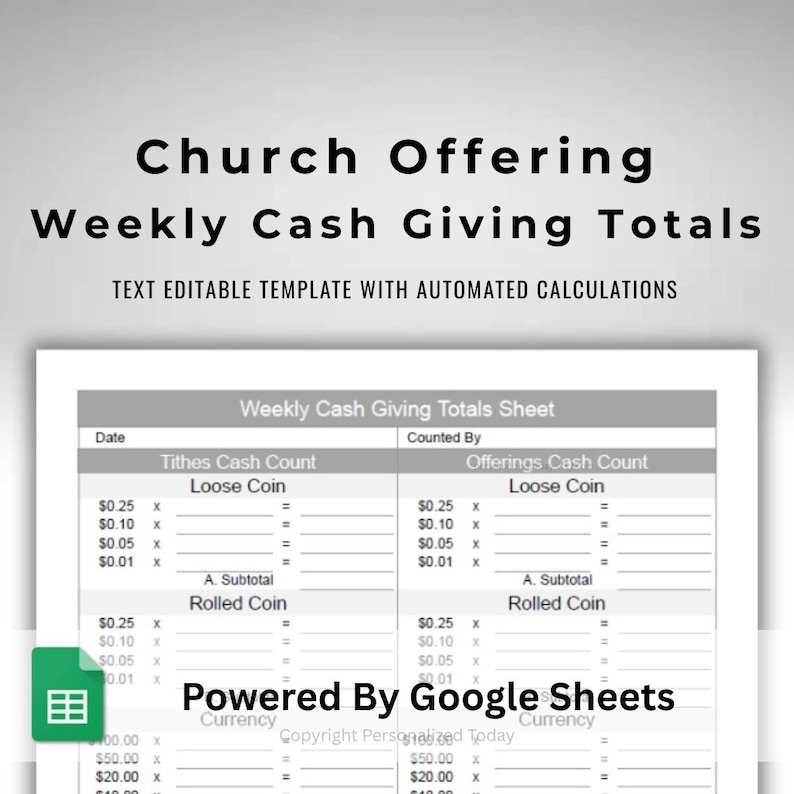 Church Offering Counting Form Weekly Charitable Giving Totals Report ...